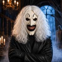 China Sinister Gothic Horror Clown Latex Mask with Shaggy White Wig and Pointy Nose for Halloweeen Parties, Horror Enthusiasts for sale