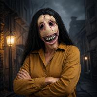 China Creepy Smiling Mutant Face Mask with Long Hair, Scary Realistic Skin Mask for Halloween Horror Cosplay and Haunted House Props for sale