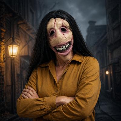 China Creepy Smiling Mutant Face Mask with Long Hair, Scary Realistic Skin Mask for Halloween Horror Cosplay and Haunted House Props for sale