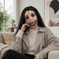 China Creepy Smiling Mutant Face Mask with Long Hair, Scary Realistic Skin Mask for Halloween Horror Cosplay and Haunted House Props for sale