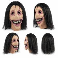 China Creepy Smiling Mutant Face Mask with Long Hair, Scary Realistic Skin Mask for Halloween Horror Cosplay and Haunted House Props for sale