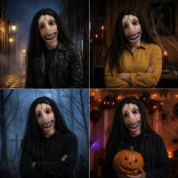China Creepy Smiling Mutant Face Mask with Long Hair, Scary Realistic Skin Mask for Halloween Horror Cosplay and Haunted House Props for sale