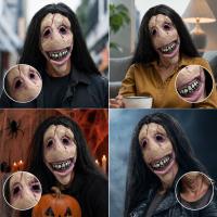 China Creepy Smiling Mutant Face Mask with Long Hair, Scary Realistic Skin Mask for Halloween Horror Cosplay and Haunted House Props for sale