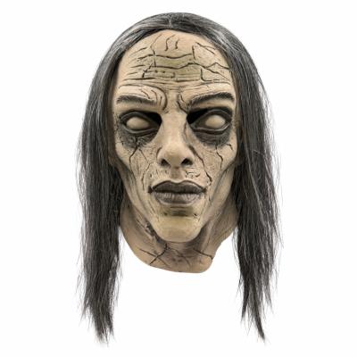 China Realistic Cracked Zombie Full-Face Latex Mask with Long Hair, Lifelike Cracks, and Horror Detailing for Halloween, Cosplay, Costume Parties, and Themed Events for sale