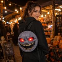 China Creepy Monster Face LED Backpack with Glowing Red Eyes, Realistic Cracked Stone Texture, Circular Halloween Cosplay Bag for Party, Trick-or-Treat, and Scary Costume Fans for sale