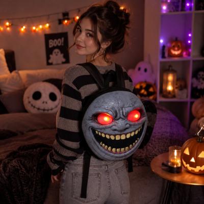 China Creepy Monster Face LED Backpack with Glowing Red Eyes, Realistic Cracked Stone Texture, Circular Halloween Cosplay Bag for Party, Trick-or-Treat, and Scary Costume Fans for sale