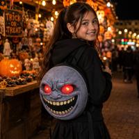 China Creepy Monster Face LED Backpack with Glowing Red Eyes, Realistic Cracked Stone Texture, Circular Halloween Cosplay Bag for Party, Trick-or-Treat, and Scary Costume Fans for sale