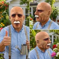China Bald Old Man Latex Full Head Mask with White Mustache, Realistic Wrinkles, Aged Skin Texture, Detailed Ear Shape and Visible Eye Openings for Halloween Party Cosplay Costume for sale