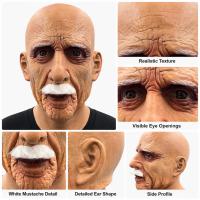 China Bald Old Man Latex Full Head Mask with White Mustache, Realistic Wrinkles, Aged Skin Texture, Detailed Ear Shape and Visible Eye Openings for Halloween Party Cosplay Costume for sale