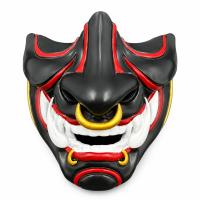 China Resin Demon Half Face Mask, Black Red Oni Style Costume Mask with Gold Ring Accents for Adults, Halloween Cosplay, Masquerade Party, Festival Outfit, Photo Shoot and Stage Performance for sale