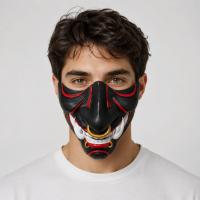 China Resin Demon Half Face Mask, Black Red Oni Style Costume Mask with Gold Ring Accents for Adults, Halloween Cosplay, Masquerade Party, Festival Outfit, Photo Shoot and Stage Performance for sale