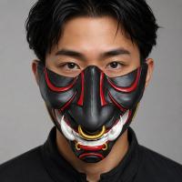 China Resin Demon Half Face Mask, Black Red Oni Style Costume Mask with Gold Ring Accents for Adults, Halloween Cosplay, Masquerade Party, Festival Outfit, Photo Shoot and Stage Performance for sale