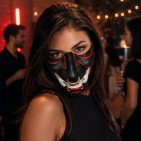 China Resin Demon Half Face Mask, Black Red Oni Style Costume Mask with Gold Ring Accents for Adults, Halloween Cosplay, Masquerade Party, Festival Outfit, Photo Shoot and Stage Performance for sale