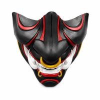 China Resin Demon Half Face Mask, Black Red Oni Style Costume Mask with Gold Ring Accents for Adults, Halloween Cosplay, Masquerade Party, Festival Outfit, Photo Shoot and Stage Performance for sale