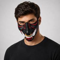 China Resin Demon Half Face Mask, Black Red Oni Style Costume Mask with Gold Ring Accents for Adults, Halloween Cosplay, Masquerade Party, Festival Outfit, Photo Shoot and Stage Performance for sale