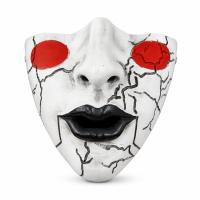 China Resin Demon Half Face Mask Black Red Adult Costume Mask with Gold Ring Accents for Halloween Cosplay Party Masquerade Stage Performance Photo Shoot and Festival Outfit for sale