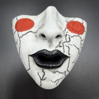 China Resin Demon Half Face Mask Black Red Adult Costume Mask with Gold Ring Accents for Halloween Cosplay Party Masquerade Stage Performance Photo Shoot and Festival Outfit for sale
