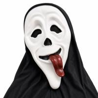 China PVC Tongue Scream Mask with Black Hood, White Ghost Face Horror Party Mask, Funny Scary Halloween Cosplay Face Cover for Masquerade, Festival Costume, Stage Props and Photo Video Scenes for sale