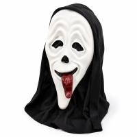 China PVC Tongue Scream Mask with Black Hood, White Ghost Face Horror Party Mask, Funny Scary Halloween Cosplay Face Cover for Masquerade, Festival Costume, Stage Props and Photo Video Scenes for sale