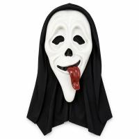 China PVC Tongue Scream Mask with Black Hood, White Ghost Face Horror Party Mask, Funny Scary Halloween Cosplay Face Cover for Masquerade, Festival Costume, Stage Props and Photo Video Scenes for sale