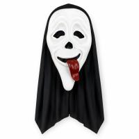 China PVC Tongue Scream Mask with Black Hood, White Ghost Face Horror Party Mask, Funny Scary Halloween Cosplay Face Cover for Masquerade, Festival Costume, Stage Props and Photo Video Scenes for sale