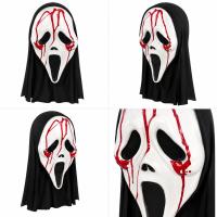 China Bloody Latex Scream Mask with Black Hood, White Horror Ghost Face Mask, Scary Halloween Cosplay Party Face Cover for Masquerade, Haunted House, Festival Costume and Photo Video Props for sale