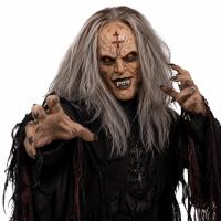 China Scary Demonic Elder Zombie Latex Full Head Mask with Gray Hair Wrinkled Rotting Skin Red Glowing Eyes Sharp Horror Teeth Realistic Horror Costume Prop for Halloween Cosplay Party Haunted House for sale