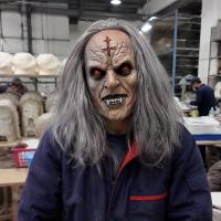 China Scary Demonic Elder Zombie Latex Full Head Mask with Gray Hair Wrinkled Rotting Skin Red Glowing Eyes Sharp Horror Teeth Realistic Horror Costume Prop for Halloween Cosplay Party Haunted House for sale