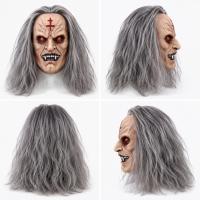 China Scary Demonic Elder Zombie Latex Full Head Mask with Gray Hair Wrinkled Rotting Skin Red Glowing Eyes Sharp Horror Teeth Realistic Horror Costume Prop for Halloween Cosplay Party Haunted House for sale