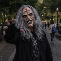 China Scary Demonic Elder Zombie Latex Full Head Mask with Gray Hair Wrinkled Rotting Skin Red Glowing Eyes Sharp Horror Teeth Realistic Horror Costume Prop for Halloween Cosplay Party Haunted House for sale