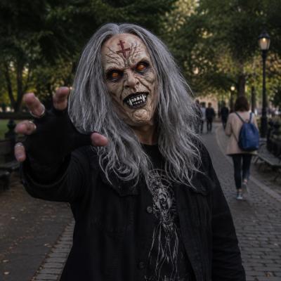 China Scary Demonic Elder Zombie Latex Full Head Mask with Gray Hair Wrinkled Rotting Skin Red Glowing Eyes Sharp Horror Teeth Realistic Horror Costume Prop for Halloween Cosplay Party Haunted House for sale