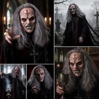 China Scary Demonic Elder Zombie Latex Full Head Mask with Gray Hair Wrinkled Rotting Skin Red Glowing Eyes Sharp Horror Teeth Realistic Horror Costume Prop for Halloween Cosplay Party Haunted House for sale