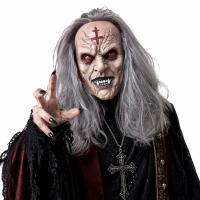 China Scary Demonic Elder Zombie Latex Full Head Mask with Gray Hair Wrinkled Rotting Skin Red Glowing Eyes Sharp Horror Teeth Realistic Horror Costume Prop for Halloween Cosplay Party Haunted House for sale