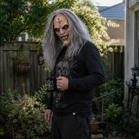China Scary Demonic Elder Zombie Latex Full Head Mask with Gray Hair Wrinkled Rotting Skin Red Glowing Eyes Sharp Horror Teeth Realistic Horror Costume Prop for Halloween Cosplay Party Haunted House for sale