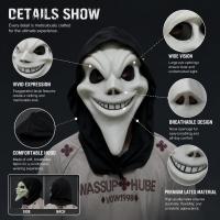 China Scary Grim Reaper Skull Latex Full Head Mask with Black Hood Cloak Style Smiling Bone Face Hollow Eyes Horror Teeth Realistic Halloween Cosplay Costume Prop for Adults Party Haunted House for sale