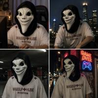 China Scary Grim Reaper Skull Latex Full Head Mask with Black Hood Cloak Style Smiling Bone Face Hollow Eyes Horror Teeth Realistic Halloween Cosplay Costume Prop for Adults Party Haunted House for sale