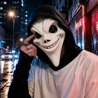 China Scary Grim Reaper Skull Latex Full Head Mask with Black Hood Cloak Style Smiling Bone Face Hollow Eyes Horror Teeth Realistic Halloween Cosplay Costume Prop for Adults Party Haunted House for sale