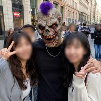 China Realistic Zombie Skull Latex Mask with Purple Mohawk, Horror Full Face Halloween Mask for Adults, Scary Monster Costume Mask for Halloween Party, Cosplay Events, Haunted House for sale