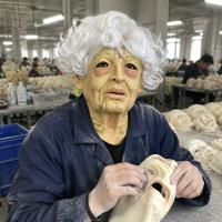 China Realistic Old Man Latex Mask with White Curly Hair, Full Face Elderly Character Mask with Wrinkles and Long Neck Design for Halloween Cosplay Costume Party, Horror Events, OEM Factory Supplier for sale