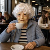 China Realistic Old Man Latex Mask with White Curly Hair, Full Face Elderly Character Mask with Wrinkles and Long Neck Design for Halloween Cosplay Costume Party, Horror Events, OEM Factory Supplier for sale