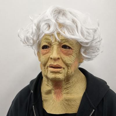 China Realistic Old Man Latex Mask with White Curly Hair, Full Face Elderly Character Mask with Wrinkles and Long Neck Design for Halloween Cosplay Costume Party, Horror Events, OEM Factory Supplier for sale