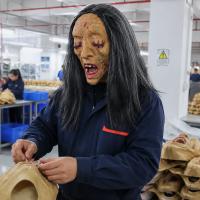 China Realistic Horror Latex Mask with Long Black Hair, Stitched Eyes and Creepy Open Mouth Teeth Design, Full Face Scary Mask for Halloween Cosplay Costume Party, Haunted House, OEM Factory Supplier for sale