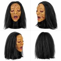 China Realistic Horror Latex Mask with Long Black Hair, Stitched Eyes and Creepy Open Mouth Teeth Design, Full Face Scary Mask for Halloween Cosplay Costume Party, Haunted House, OEM Factory Supplier for sale