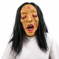 China Realistic Horror Latex Mask with Long Black Hair, Stitched Eyes and Creepy Open Mouth Teeth Design, Full Face Scary Mask for Halloween Cosplay Costume Party, Haunted House, OEM Factory Supplier for sale