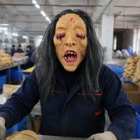 China Realistic Horror Latex Mask with Long Black Hair, Stitched Eyes and Creepy Open Mouth Teeth Design, Full Face Scary Mask for Halloween Cosplay Costume Party, Haunted House, OEM Factory Supplier for sale