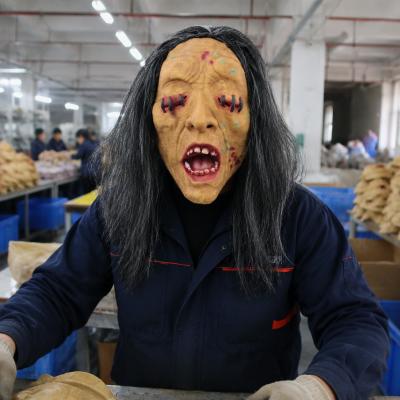 China Realistic Horror Latex Mask with Long Black Hair, Stitched Eyes and Creepy Open Mouth Teeth Design, Full Face Scary Mask for Halloween Cosplay Costume Party, Haunted House, OEM Factory Supplier for sale