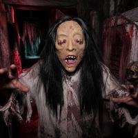 China Realistic Horror Latex Mask with Long Black Hair, Stitched Eyes and Creepy Open Mouth Teeth Design, Full Face Scary Mask for Halloween Cosplay Costume Party, Haunted House, OEM Factory Supplier for sale