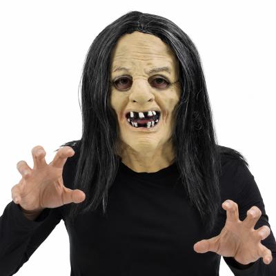 China Realistic Horror Latex Mask with Long Black Hair, Creepy Wrinkled Face and Realistic Teeth Design, Full Face Scary Mask for Halloween Cosplay Costume Party, Haunted House, OEM Factory Supplier for sale