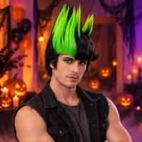 China Wholesale Neon Green Black Spiked Punk Wig for Adults, Synthetic Mohawk Costume Hairpiece for Halloween, Cosplay, Rock Parties, Stage Shows, Festivals, Events, Retailers and Custom Orders for sale