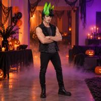 China Wholesale Neon Green Black Spiked Punk Wig for Adults, Synthetic Mohawk Costume Hairpiece for Halloween, Cosplay, Rock Parties, Stage Shows, Festivals, Events, Retailers and Custom Orders for sale